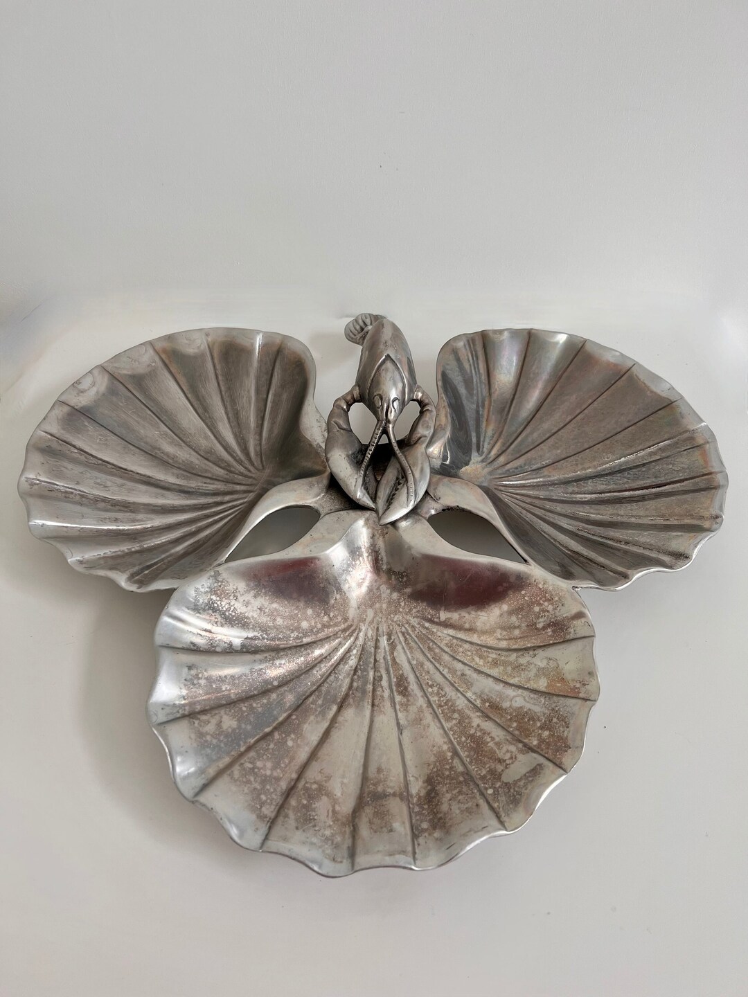 Vintage Huge CLAM SHELL SERVING Platter, Pewter 3 Bowl Serving Tray W ...