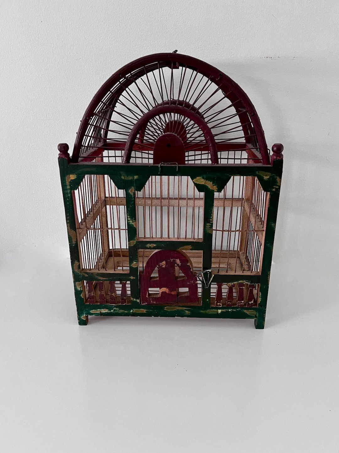 Vintage WIRE & WOOD BIRD Cage, Rustic Wood and Metal Dome Top Birdcage ...