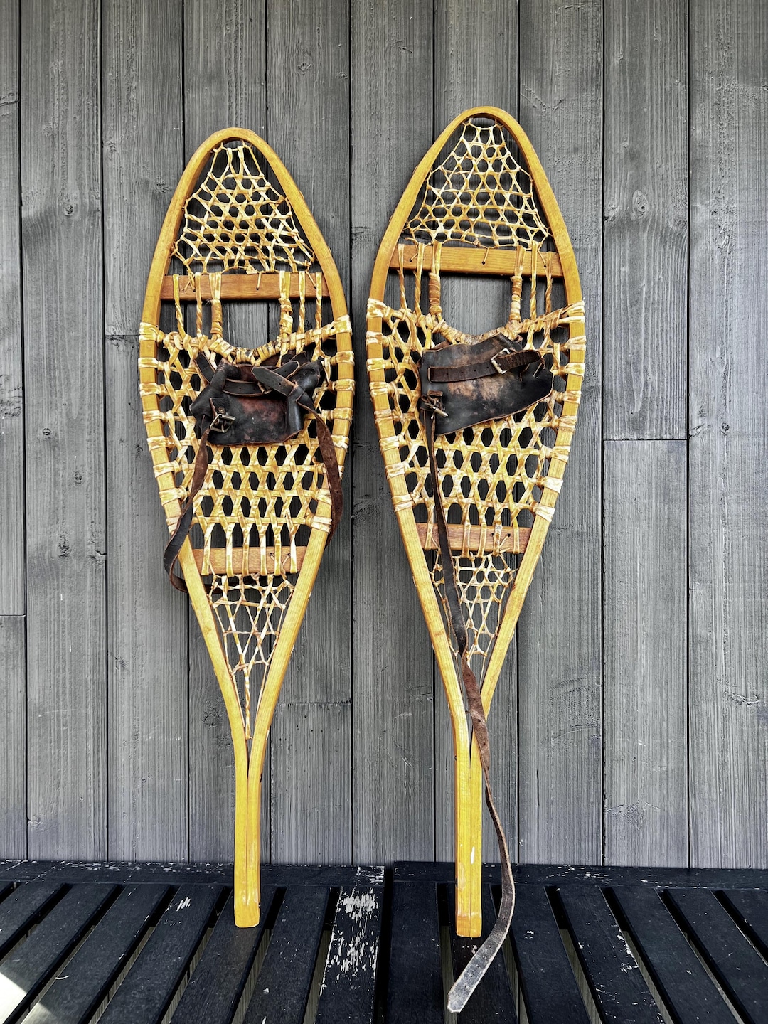 Vintage Wooden Snowshoes With Rawhide Webbing & Leather Bindings (c ...