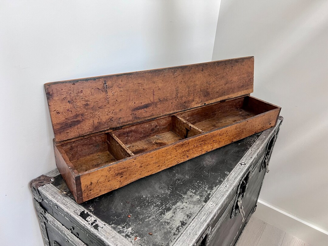 Vintage Early 1900s 33 LONG WOOD BOX With 3 Compartments & Hinged Lid ...