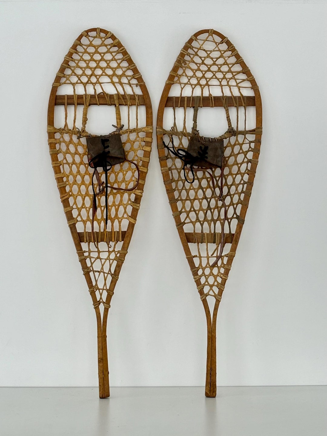 Vintage LARGE Wood & RAWHIDE SNOWSHOES, 48 Rustic Snowshoes, Wood ...