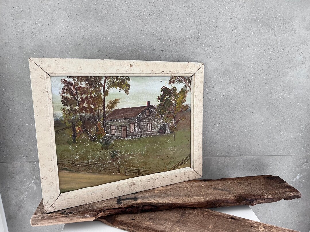 Vintage FOLK ART OIL Painting of Quebec Log Cabin in Hand-carved Wood ...