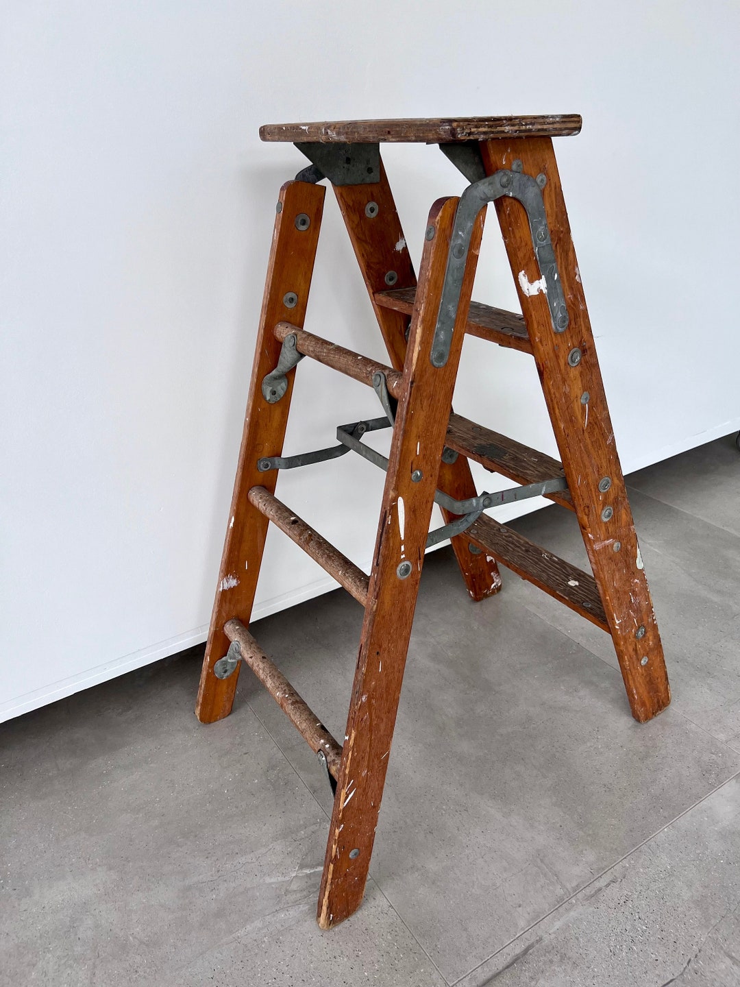 Vintage BELL CANADA STEP Ladder, Tall Wood Step Ladder 37" Ladder W/ 4 ...