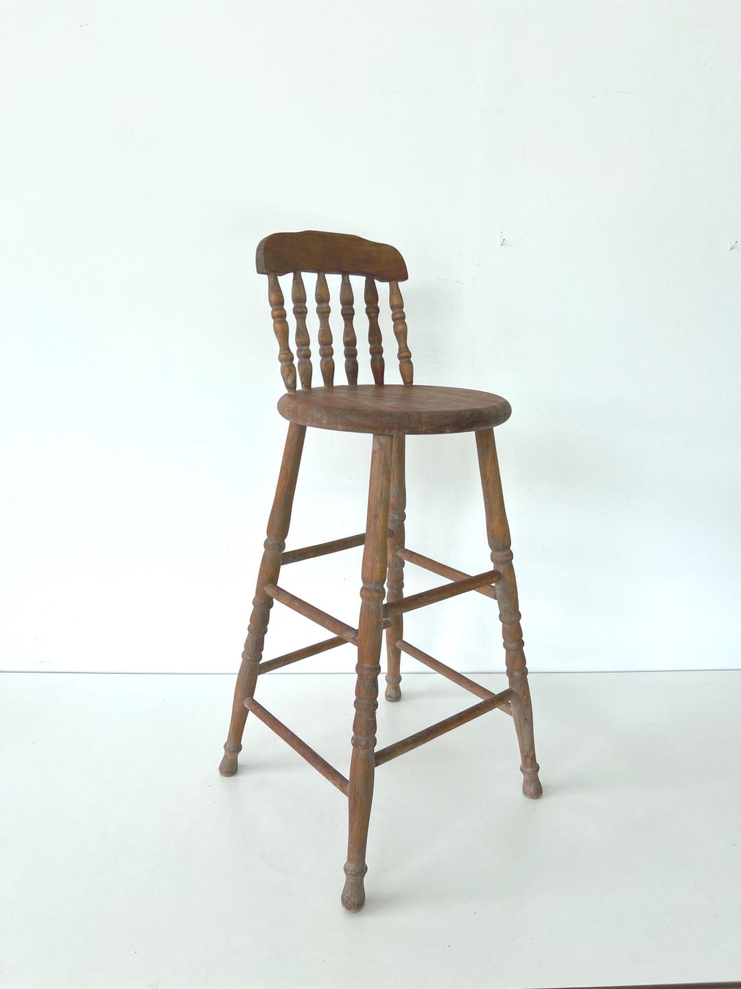 Vintage Rustic HIGH BACK BAR Stool, Wood Barstool, Spindle Back ...
