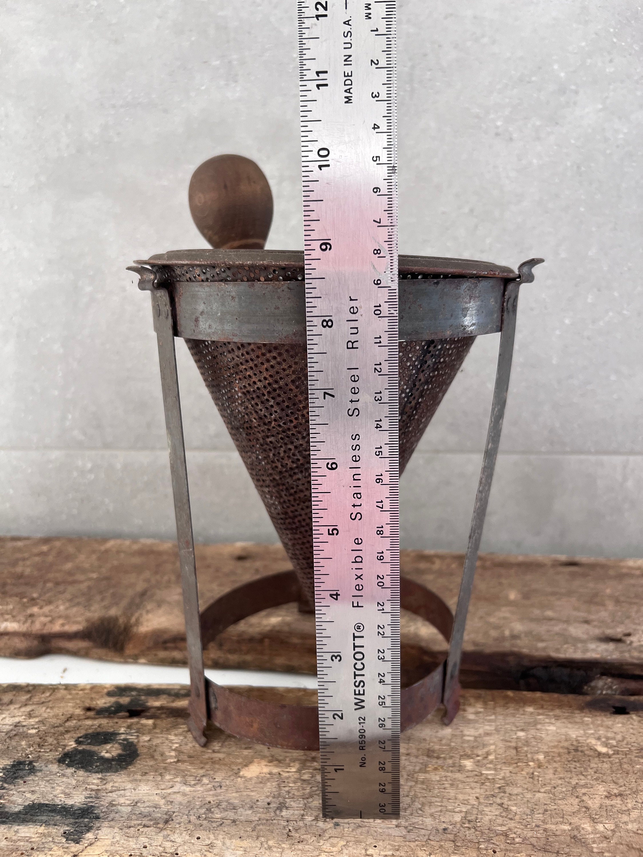 Vintage METAL CONE SIEVE W/ Wood Pestle, Rustic Rusted Vintage METAL CONE SIEVE W/ Wood Pestle, Rustic Rusted