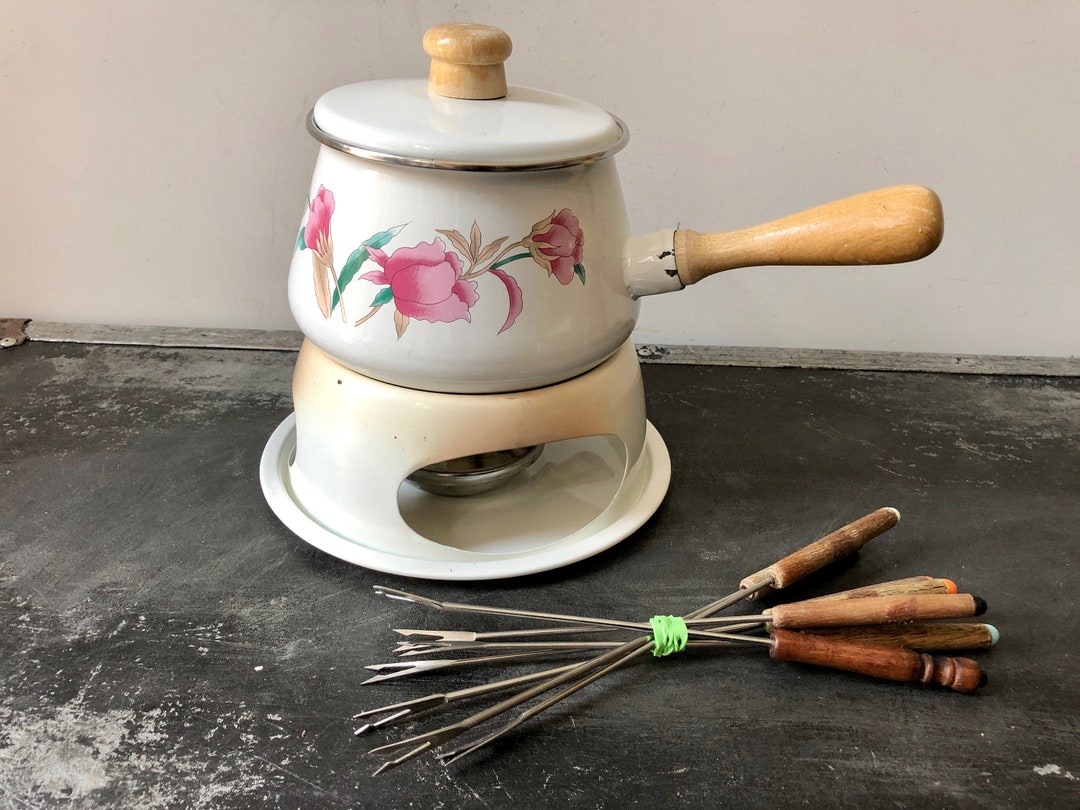 Vintage FLORAL FONDUE SET, Enamel Fondue Set With Fondue Pot With Wood ...
