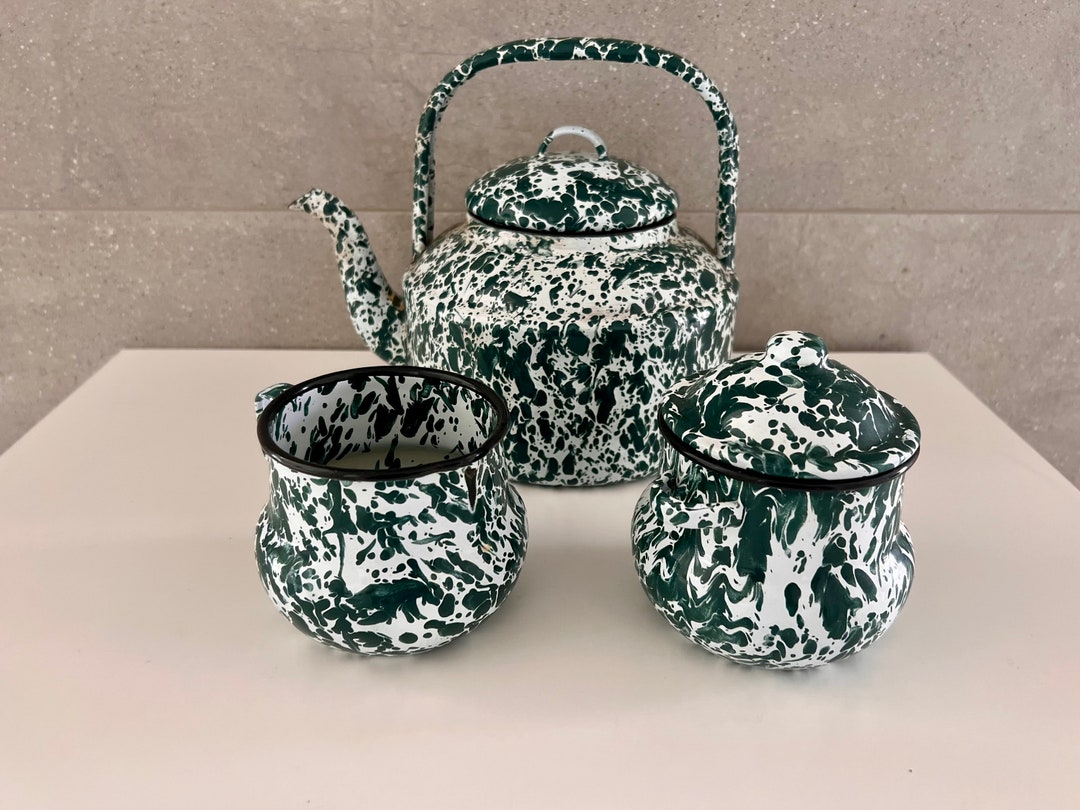 Vintage GREEN SPLATTERWARE TEA Set, Enamelware, Green White Graniteware ...