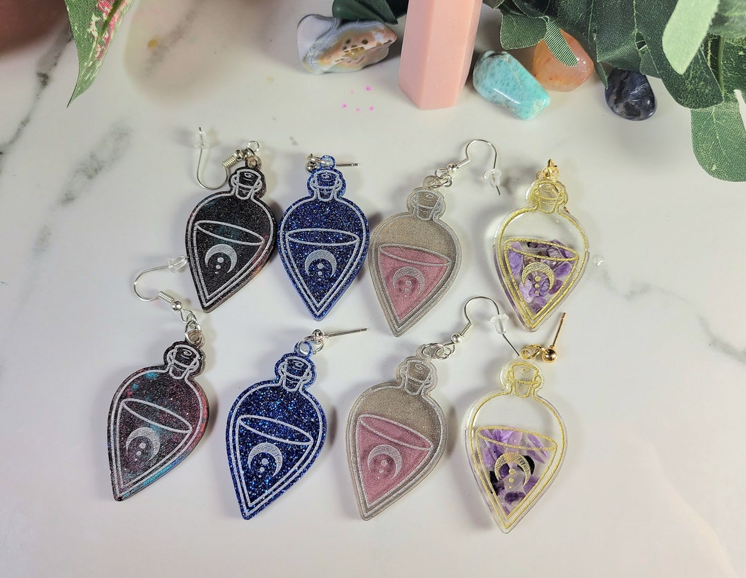 Moon Potion Earrings Witchy Celestial Bottle Earrings Witchraft love Potion Night Sky Charoite ...