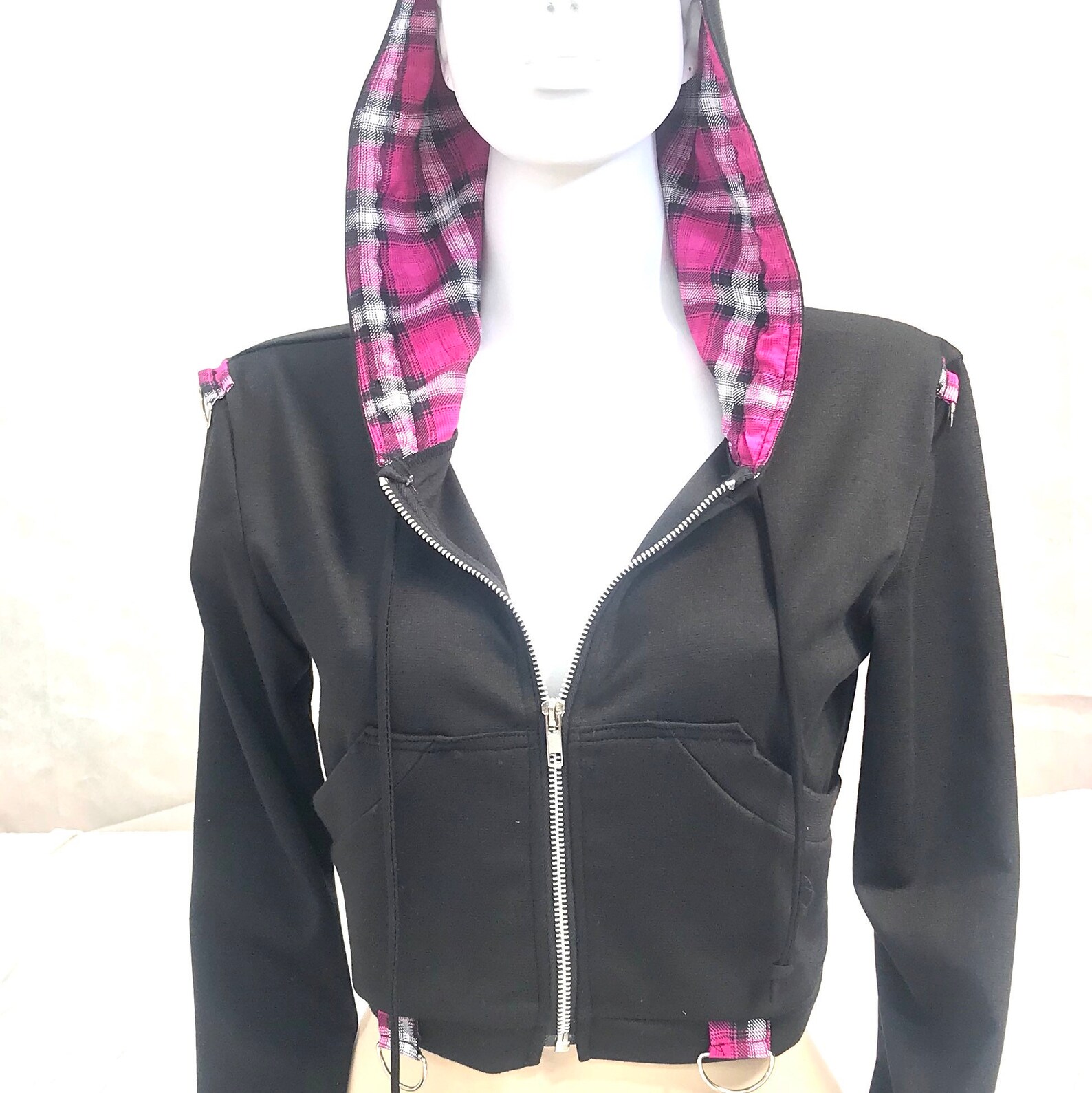 Gothic Plaid Trims Hoodie Crop Jacket Woman Techwear Cyberpunk - Etsy