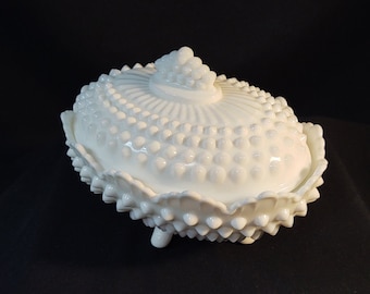 Vintage Fenton Hobnail Covered Candy Dish Milk Glass Hobnail Pedestal ...