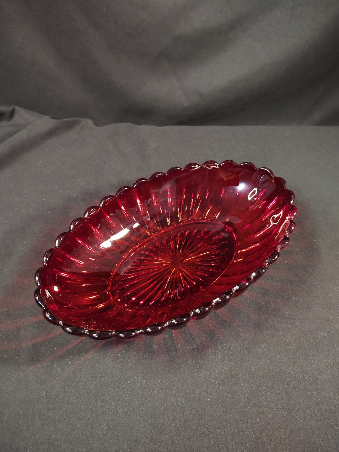 Rich Ruby Red Ribbed Oval Bowl - Etsy