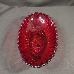 Rich Ruby Red Ribbed Oval Bowl - Etsy