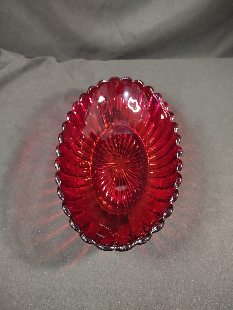 Rich Ruby Red Ribbed Oval Bowl - Etsy