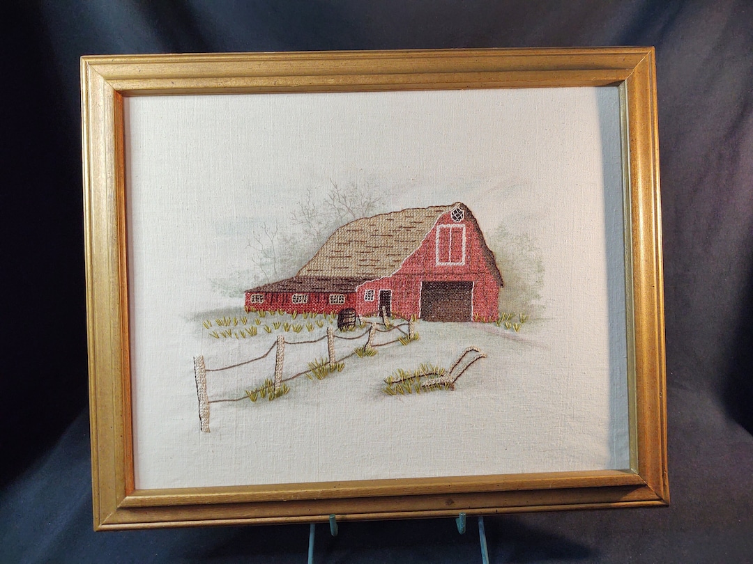 Hand-embroidered Red Barn Picture - Etsy