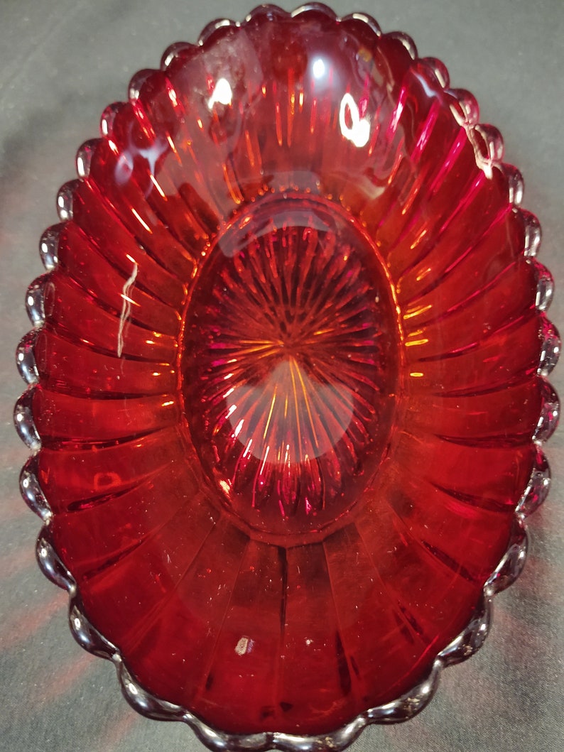 Rich Ruby Red Ribbed Oval Bowl - Etsy