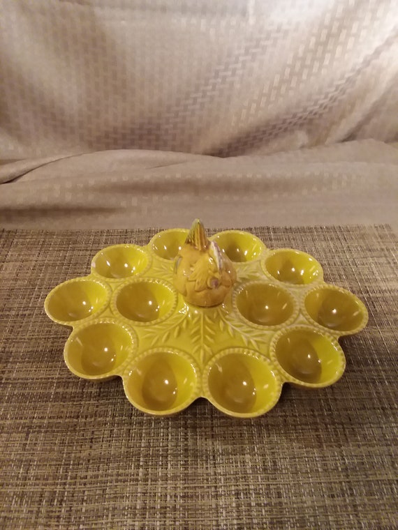 Chicken Deviled Egg Serving Dish \u2013 Avocado Green Round with 15 ...