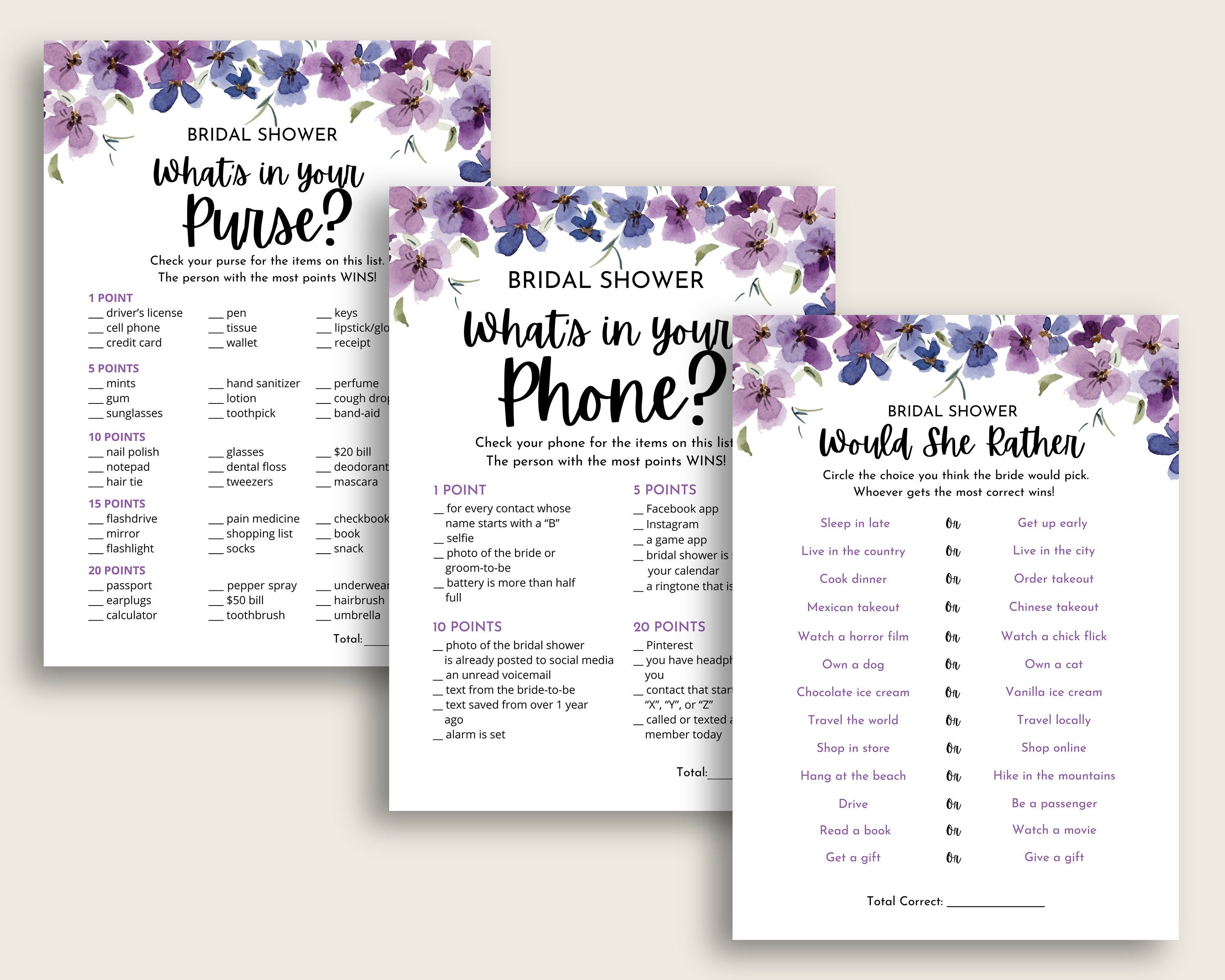 Purple Bridal Shower Games Bundle Instant Digital Download - Etsy
