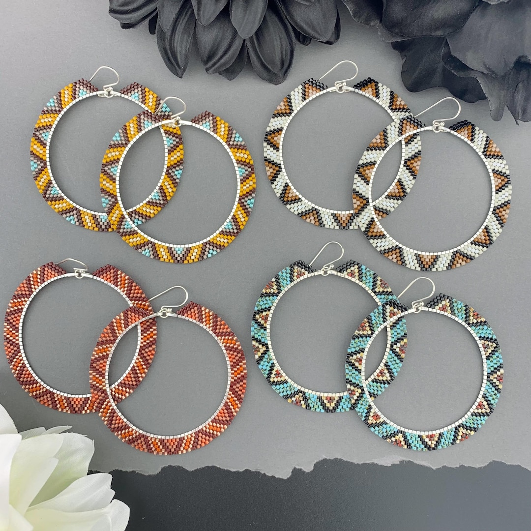 Brick Stitch Cut Out Hoop Earrings, Beadwork, Geometric Earrings ...