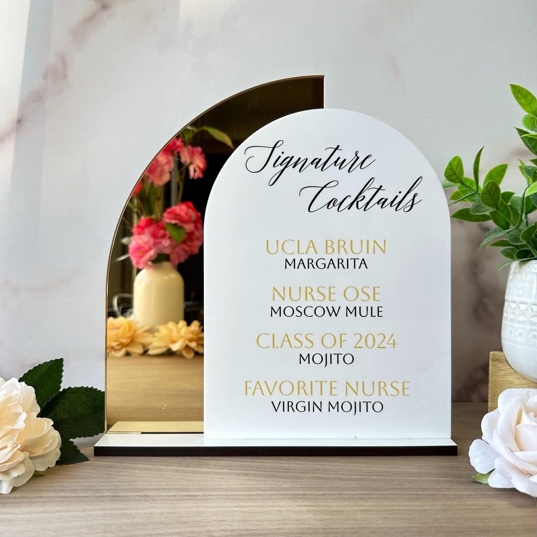 Mirror Gold Bar Menu Sign, Cocktails Menu Sign, Gold and White Theme ...