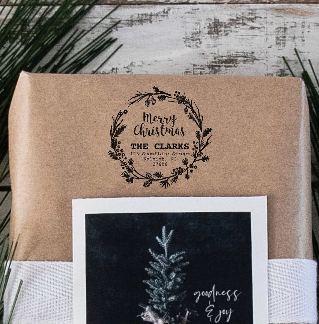 Christmas Return Address Stamp, Christmas Wreath Stamp, Holiday Address ...
