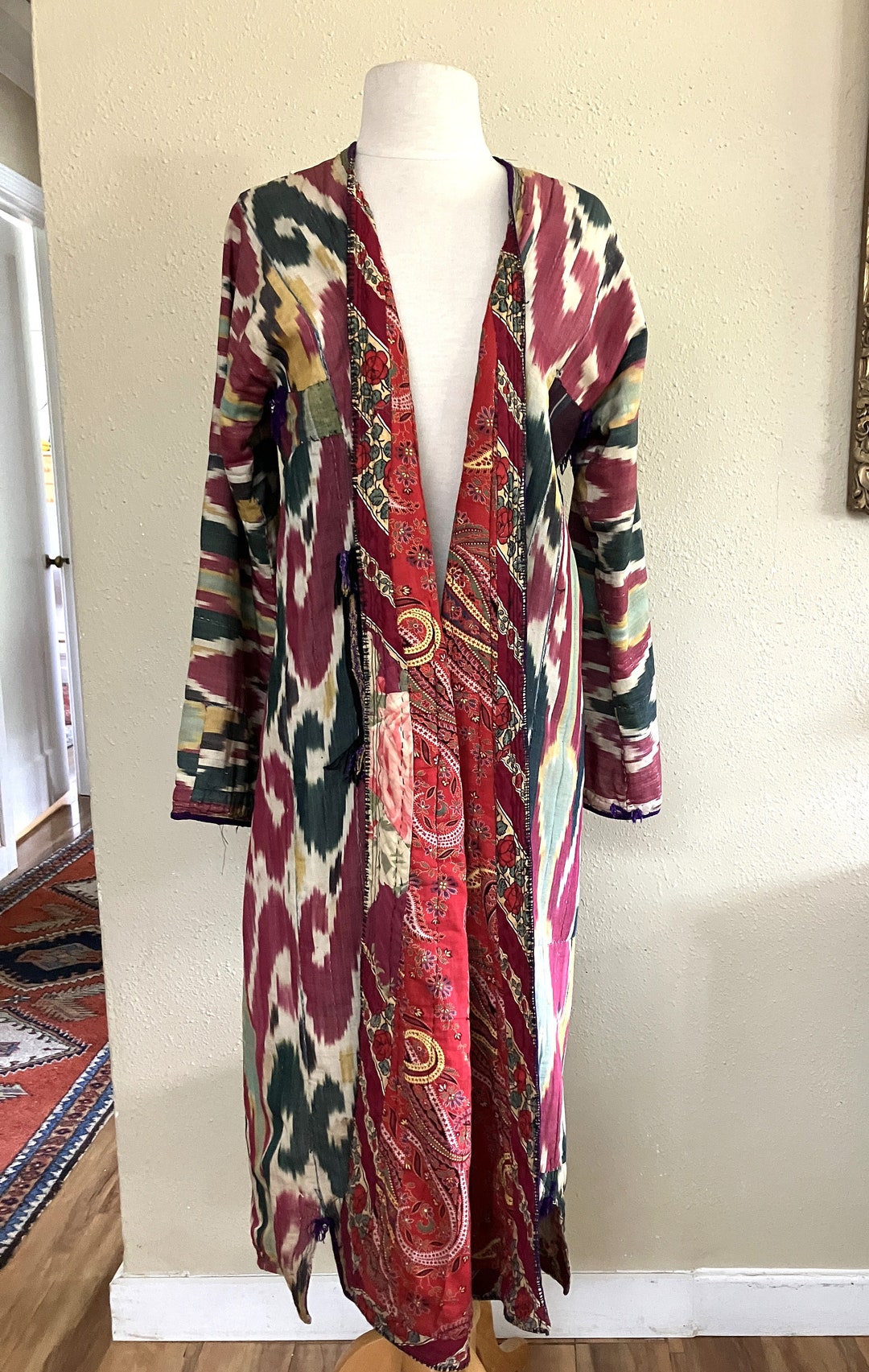 Vintage Uzbek Cotton Chapan, Coat Ikat Woman's Size S/M Red Print ...