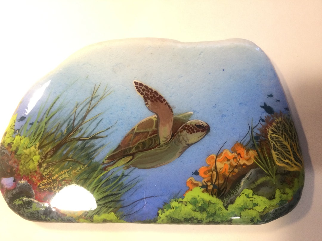 Hand Painted Sea Turtle and Coral Reef on Santorini Stone, One of a ...