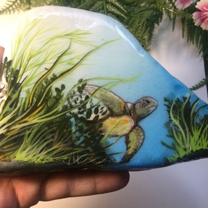 Hand Painted Sea Turtle Santorini Stone, One of a Kind Art, Vibrant ...