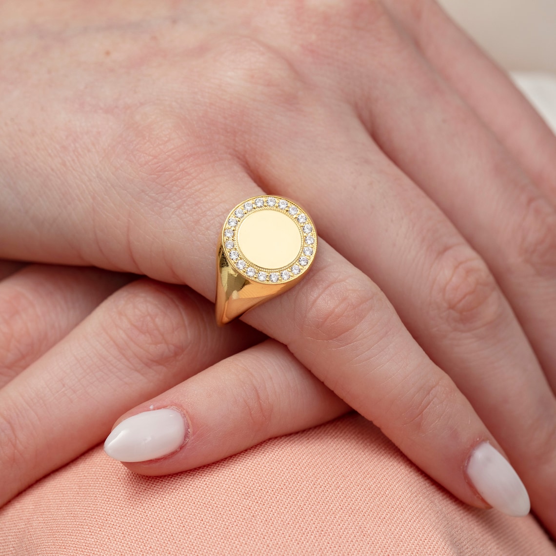14K Gold Signet Ring Pinky Ring in 14k Gold Diamond CZ | Etsy