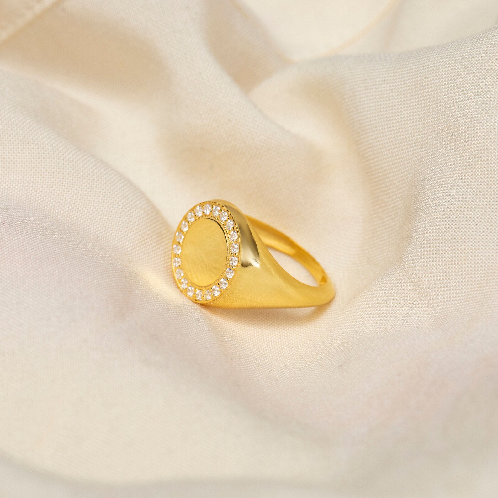 14K Gold Signet Ring Pinky Ring in 14k Gold Diamond CZ | Etsy