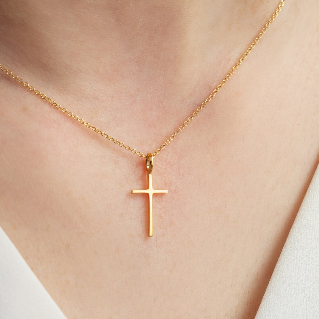 Dainty 14K Solid Gold Cross Necklace Gold Handmade Gift Cross Pendant ...