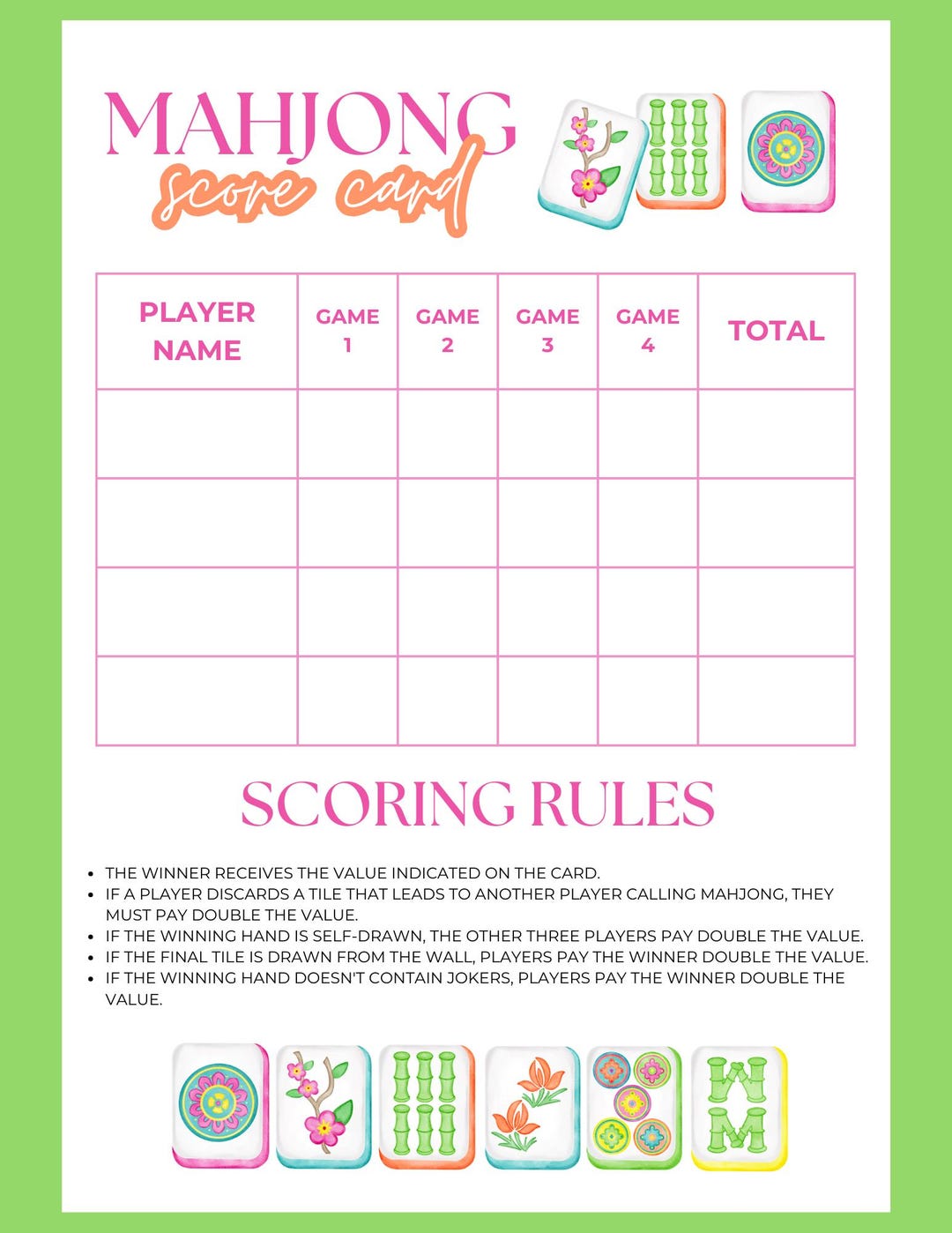 Mahjong Scorecard Printable Digital Download - Etsy