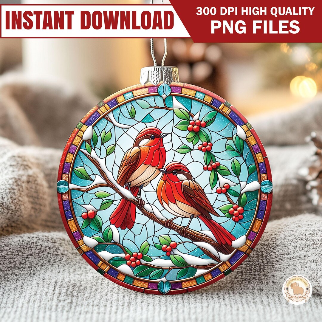 Stained Glass Robin Ornament, Christmas Robin Ornament PNG, Christmas ...