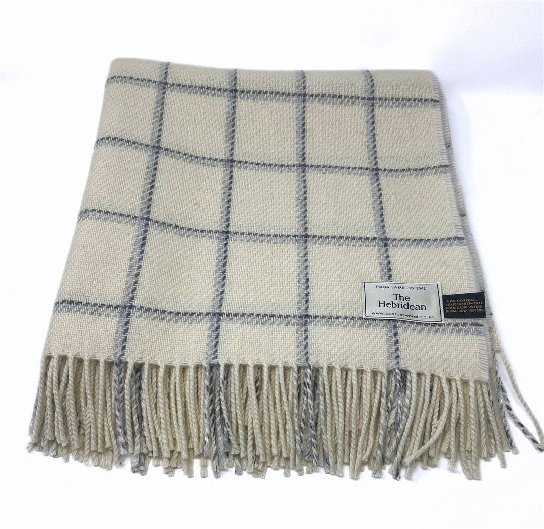 100% Wool Blanket/throw/rug Cream With Grey Windowpane Overcheck - Etsy