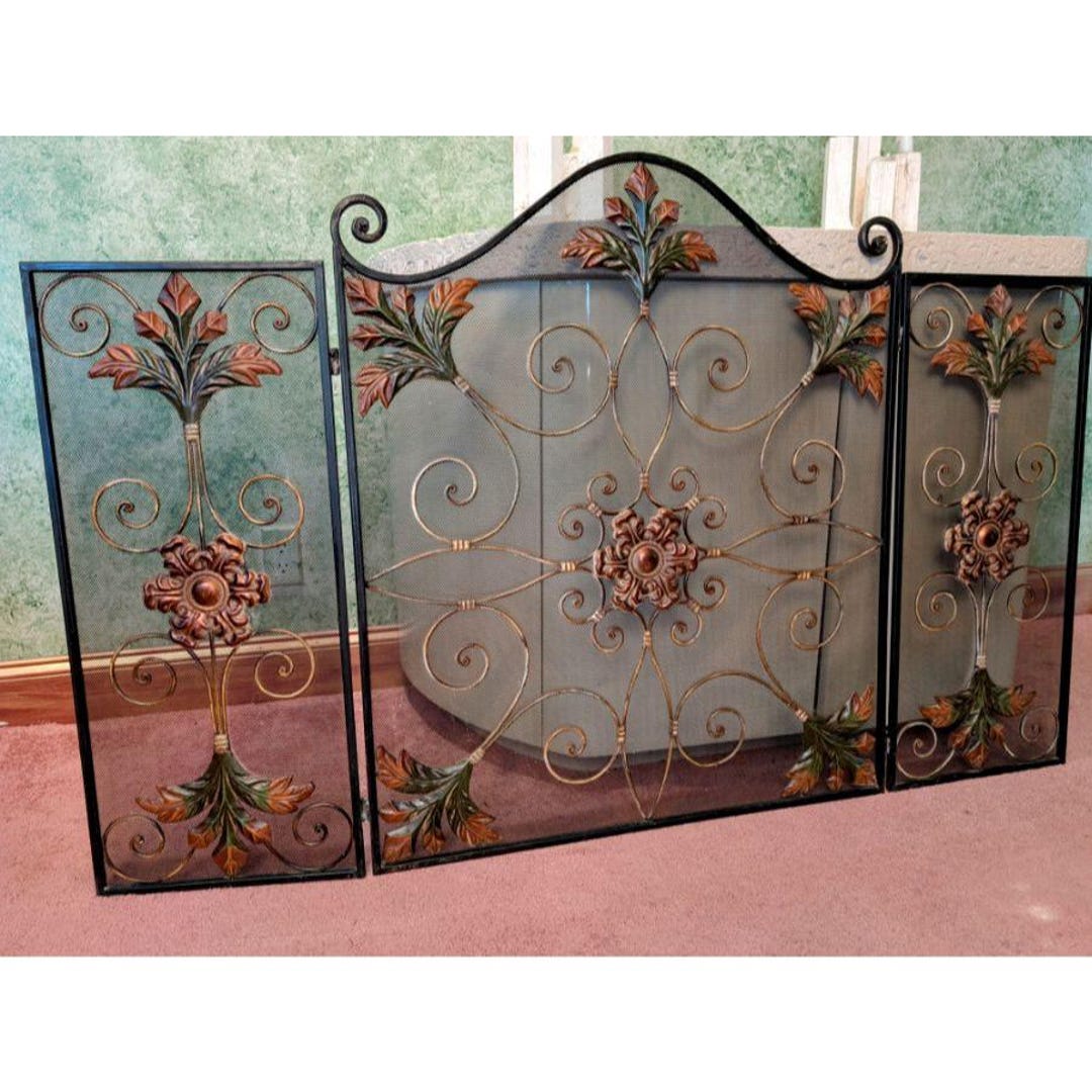 Decorative Vintage Metal Fireplace Screen With Floral & Scroll Design ...