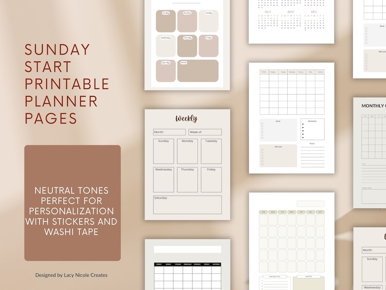 Sunday Start Printable Planner Pages, Minimalist, Monthly, Weekly - Etsy