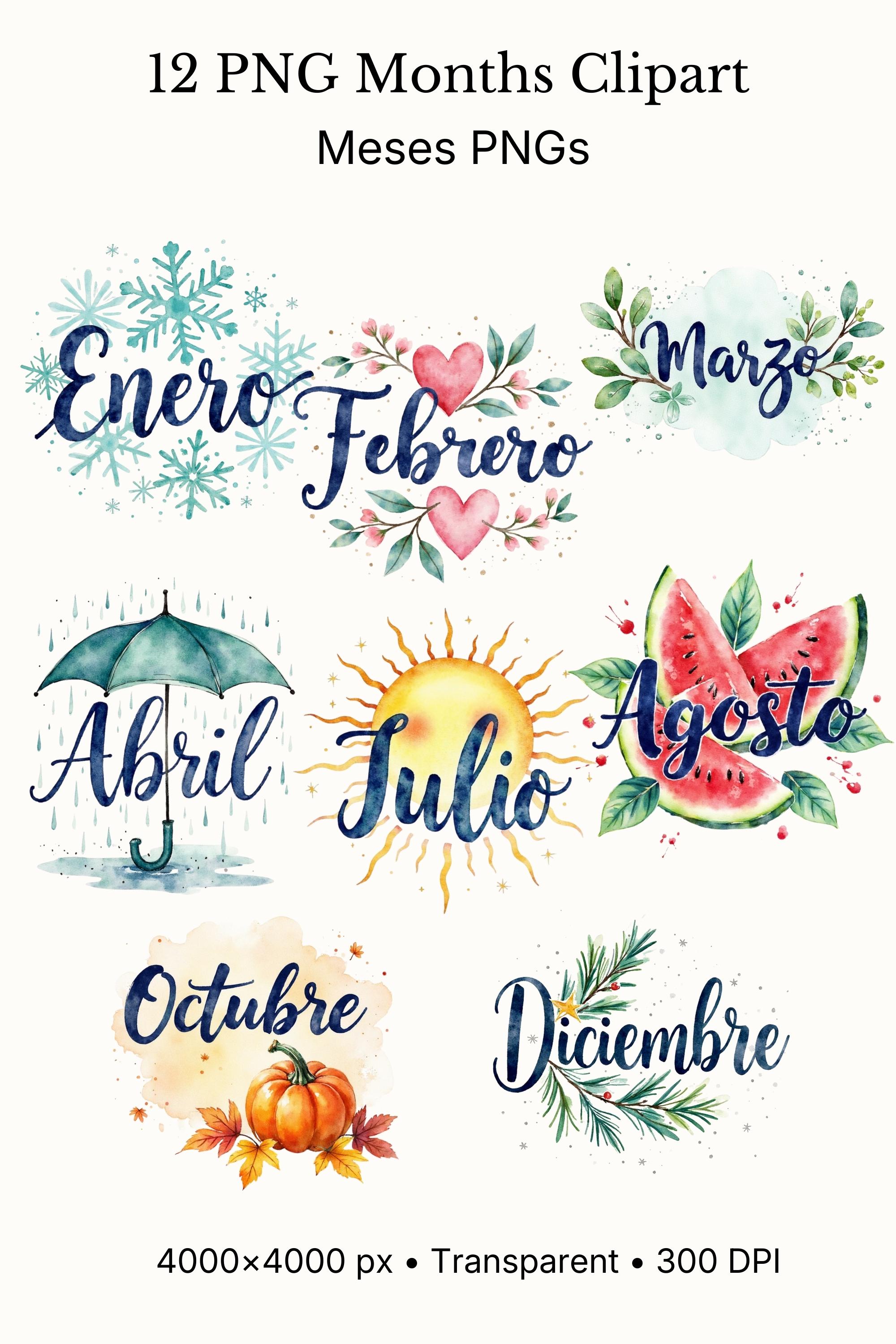 Spanish Months Watercolor Clipart, Los Meses Del Año PNG (digital ...