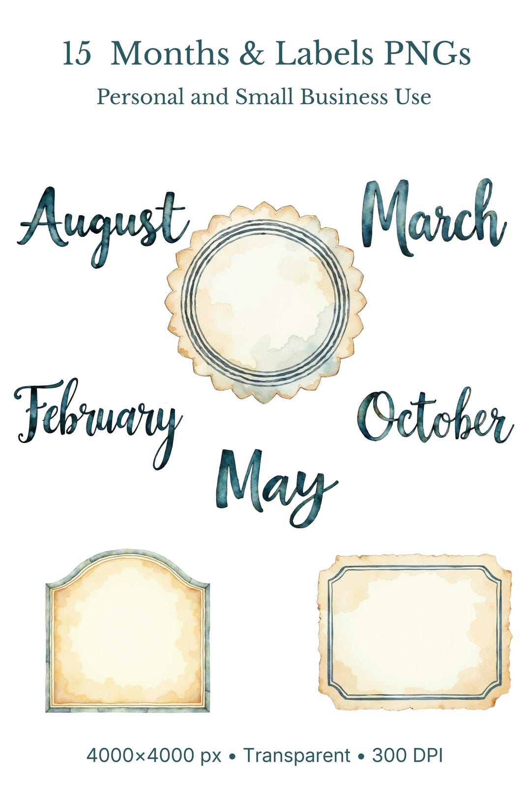 Month & Labels PNG Bundle, Watercolor Months and Blank Label Frames ...