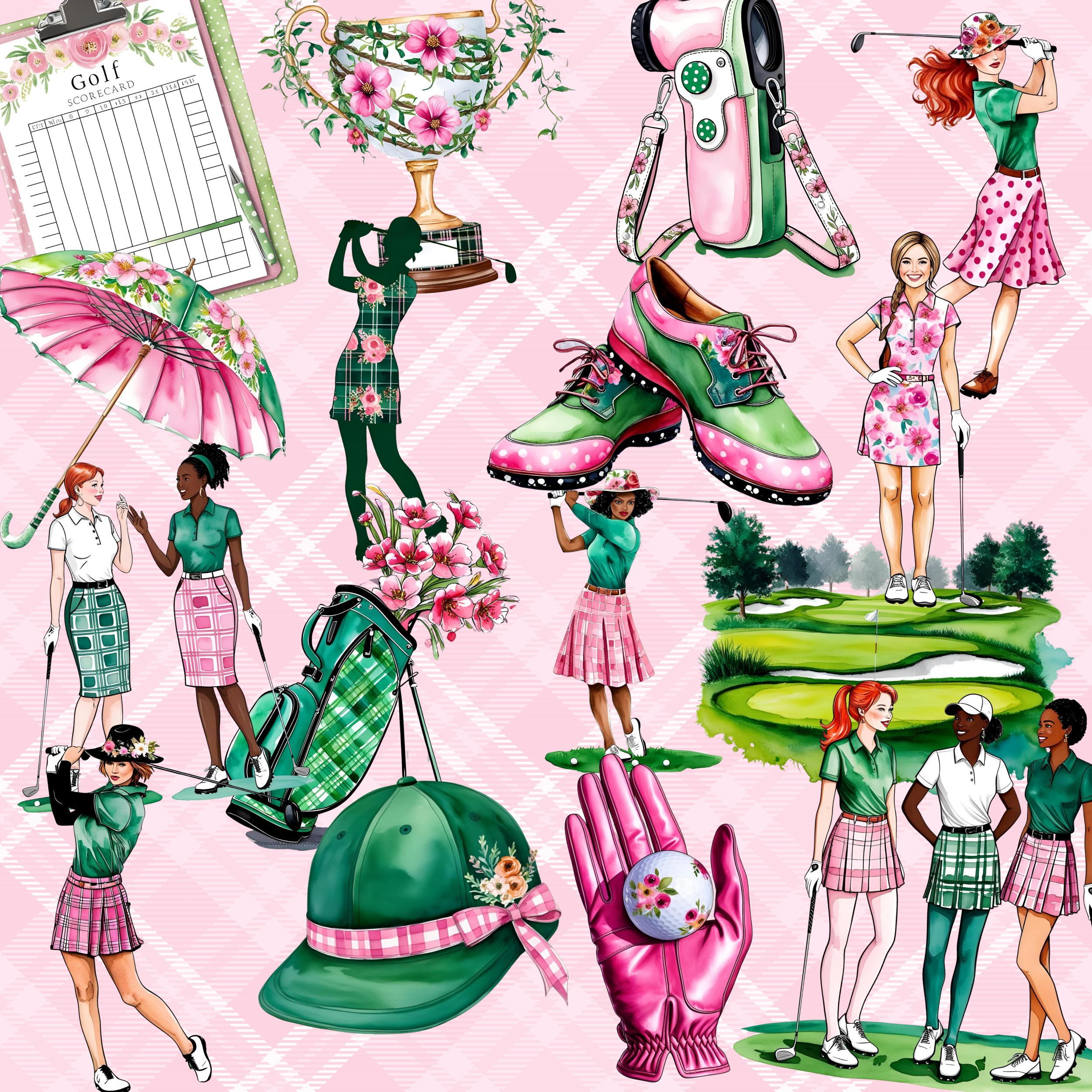 Watercolor Golf Clipart Bundle: Pink & Green Floral Designs (PNG ...