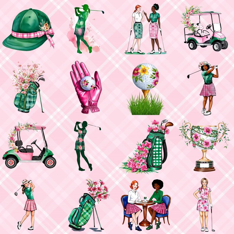 Watercolor Golf Clipart Bundle: Pink & Green Floral Designs (PNG ...
