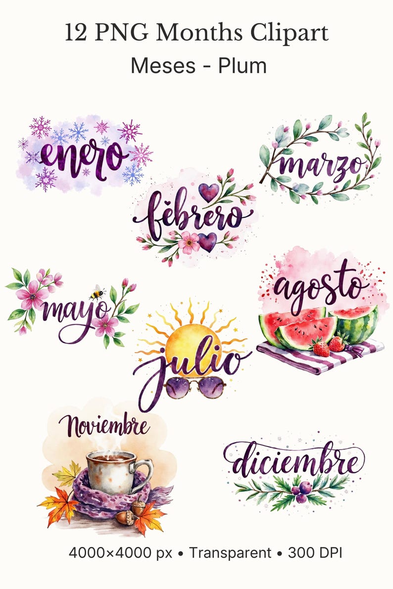Months Clipart, Spanish Pngs, Los Meses Del Año PNG (digital Download ...