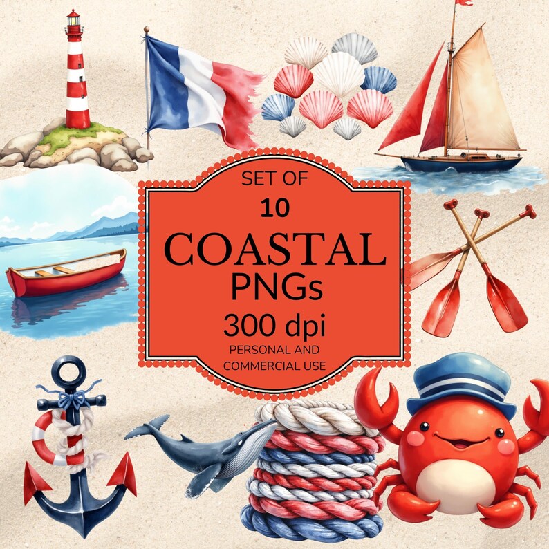 Coastal Watercolor Clipart Bundle: Nautical PNG Set (digital Download ...