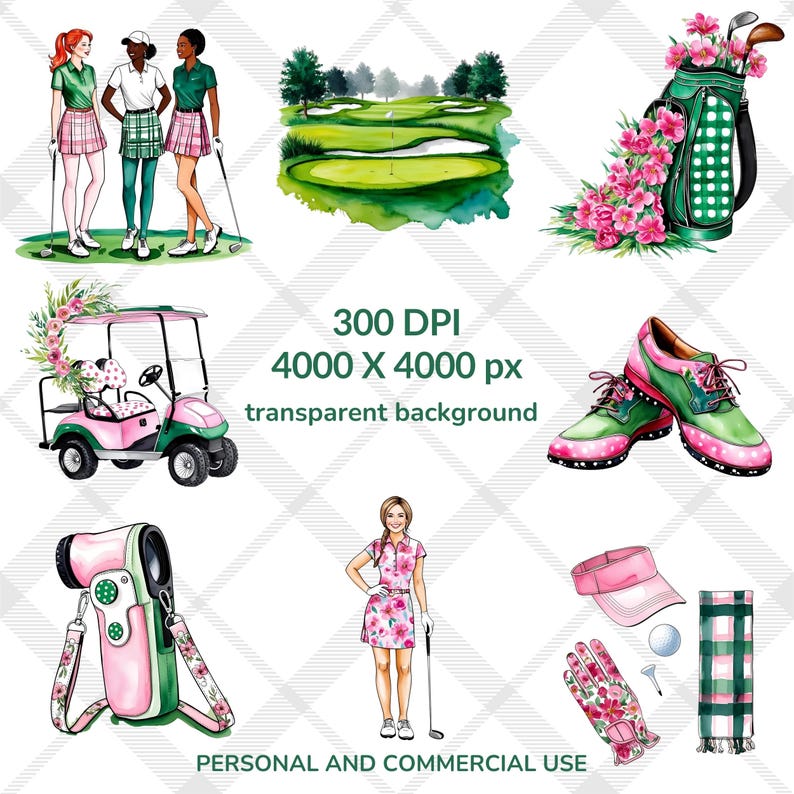 Watercolor Golf Clipart Bundle: Pink & Green Floral Designs (PNG ...