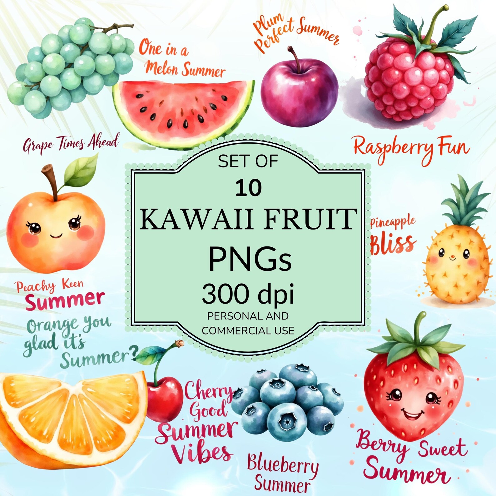 Kawaii Fruit PNG Bundle | 10 Cute Summer Fruit Clipart | Sublimation ...