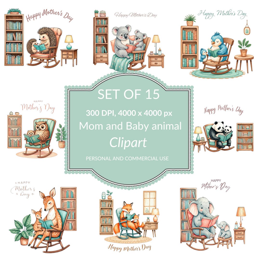 Mother’s Day Animal Mom & Baby Clipart Set, 15 PNG Files, Digital ...