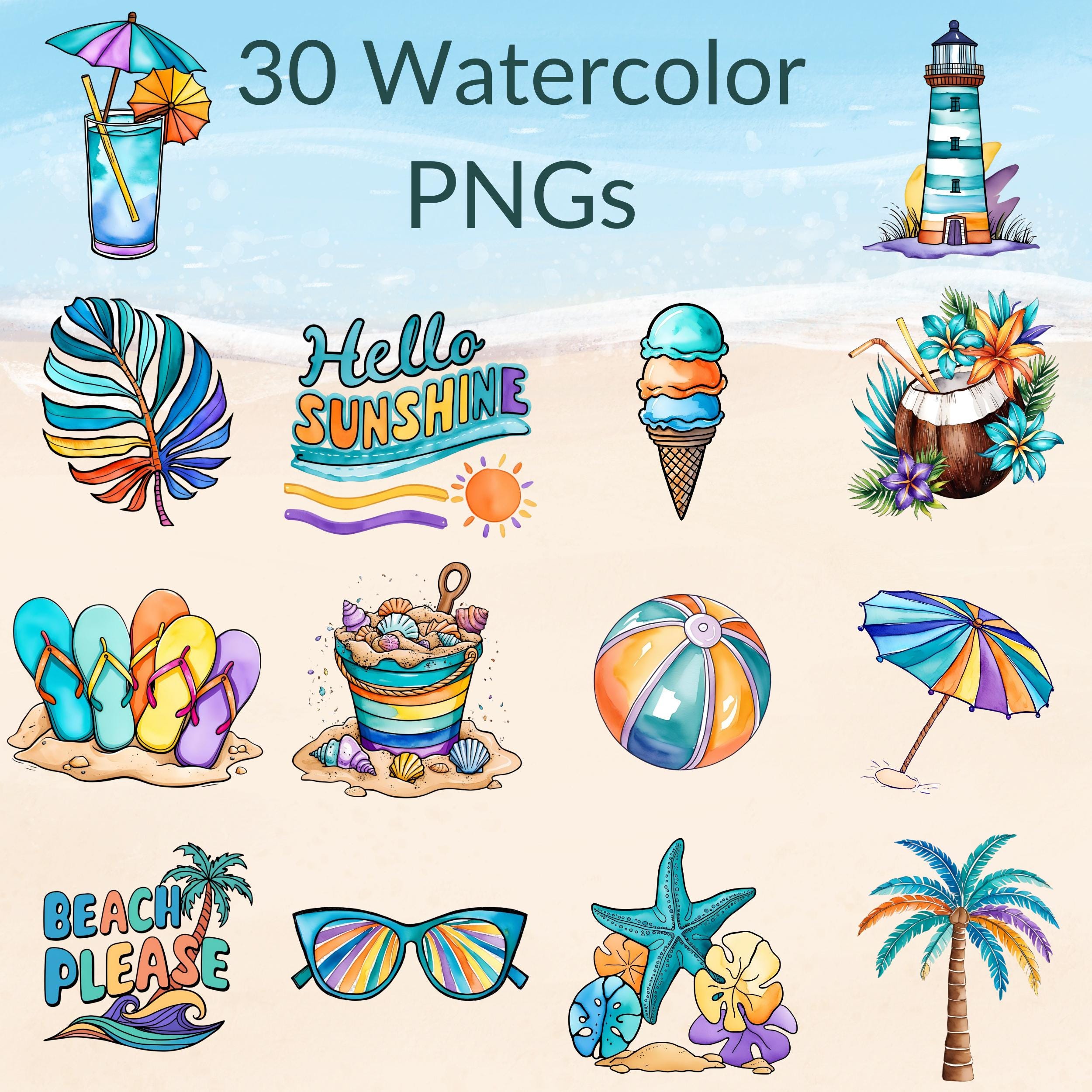 Watercolor Summer Beach Clipart Set | 30 Transparent Png Files | Beach ...