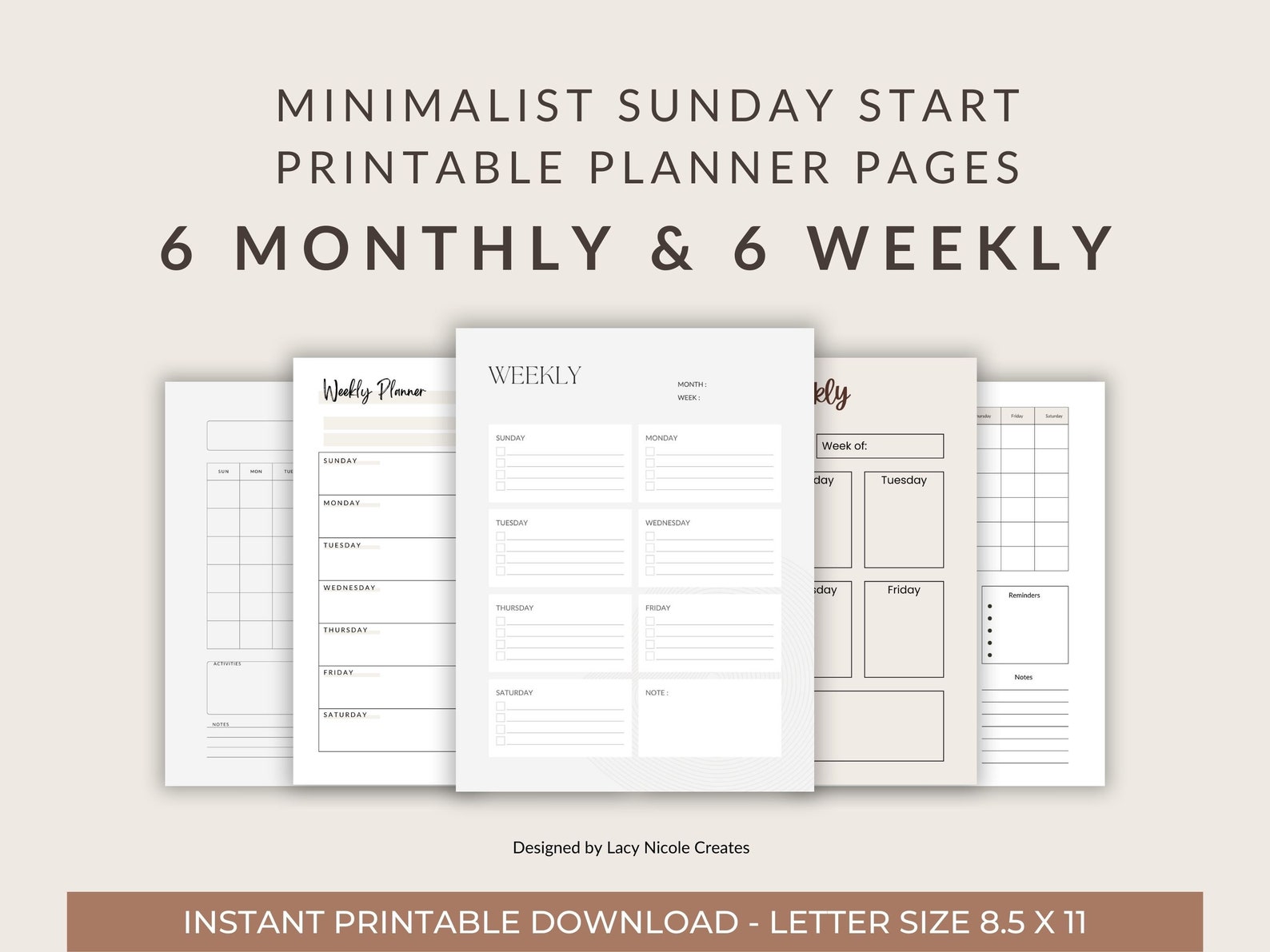 Sunday Start Printable Planner Pages, Minimalist, Monthly, Weekly - Etsy