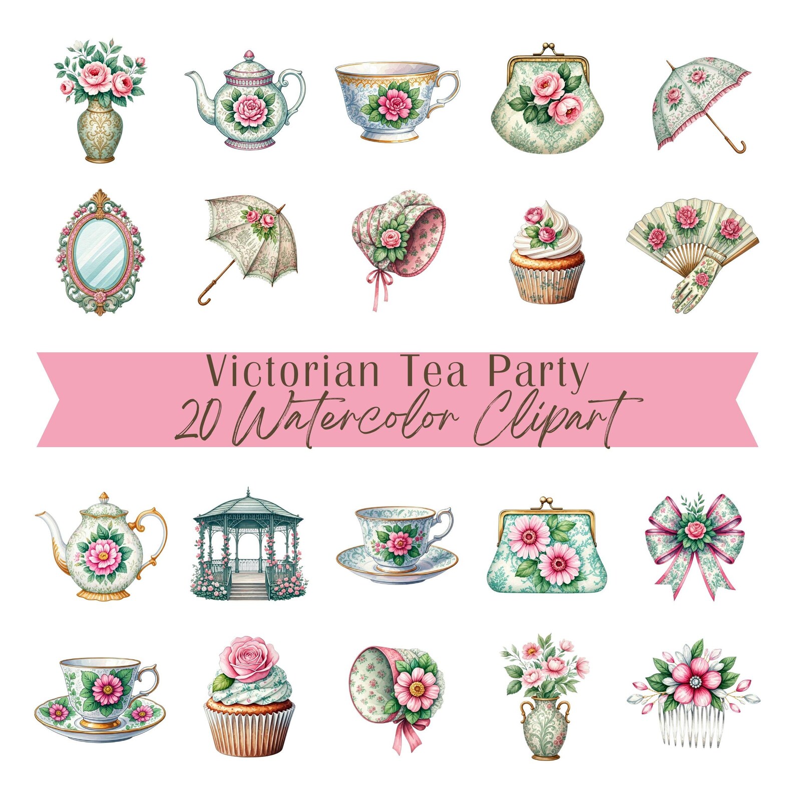 Victorian Tea Party Clipart Set, 20 Watercolor PNG Files, Regency Era ...
