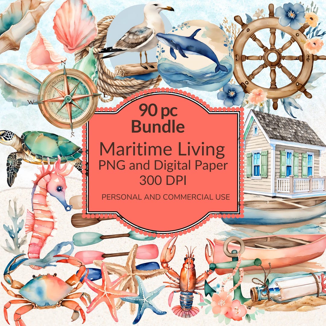 Maritime Watercolor Clipart & Digital Paper Bundle | Coastal Nautical ...