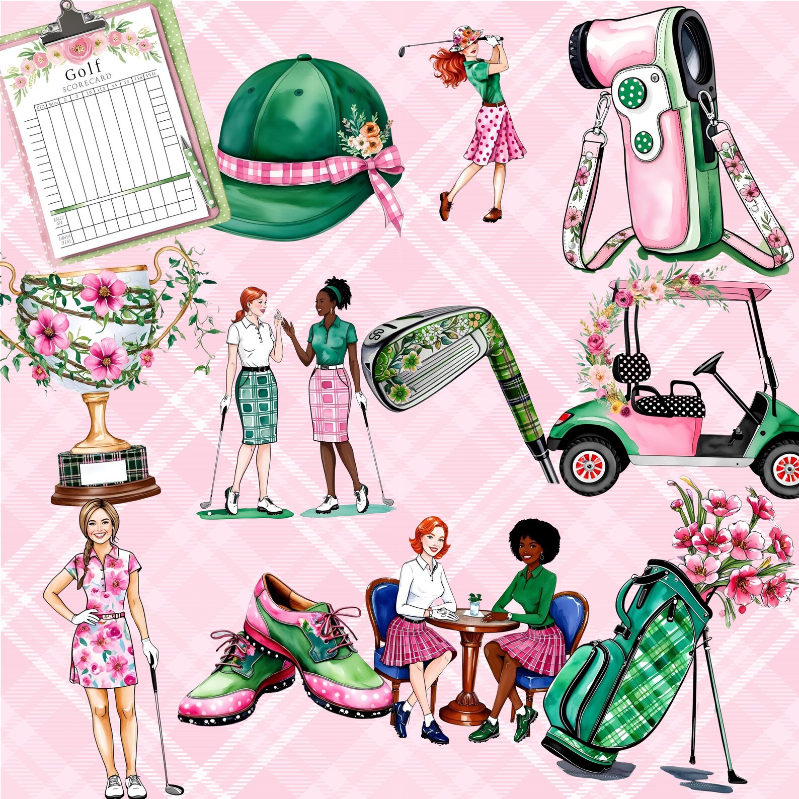 Watercolor Golf Clipart Bundle: Pink & Green Floral Designs (PNG ...