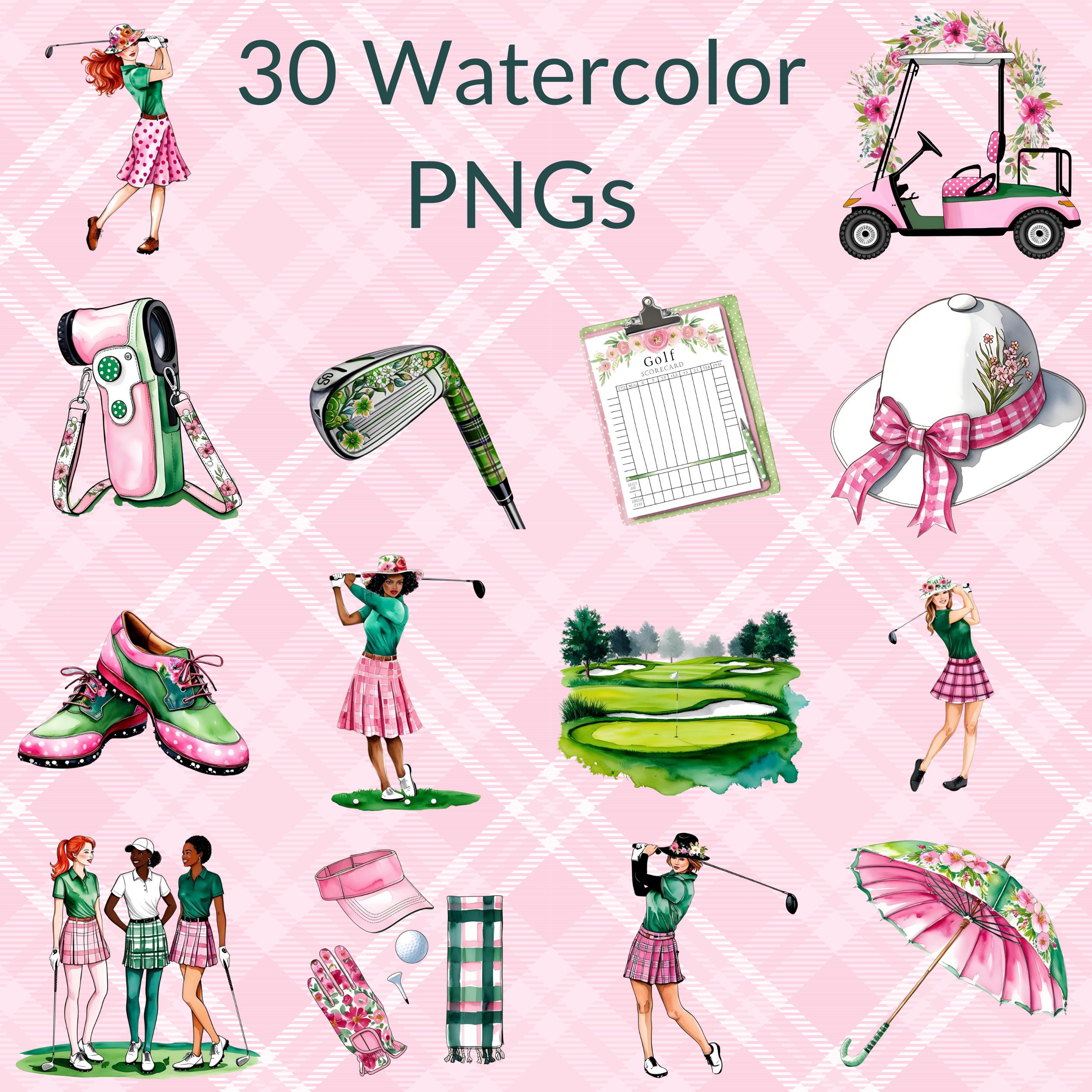 Watercolor Golf Clipart Bundle: Pink & Green Floral Designs (PNG ...